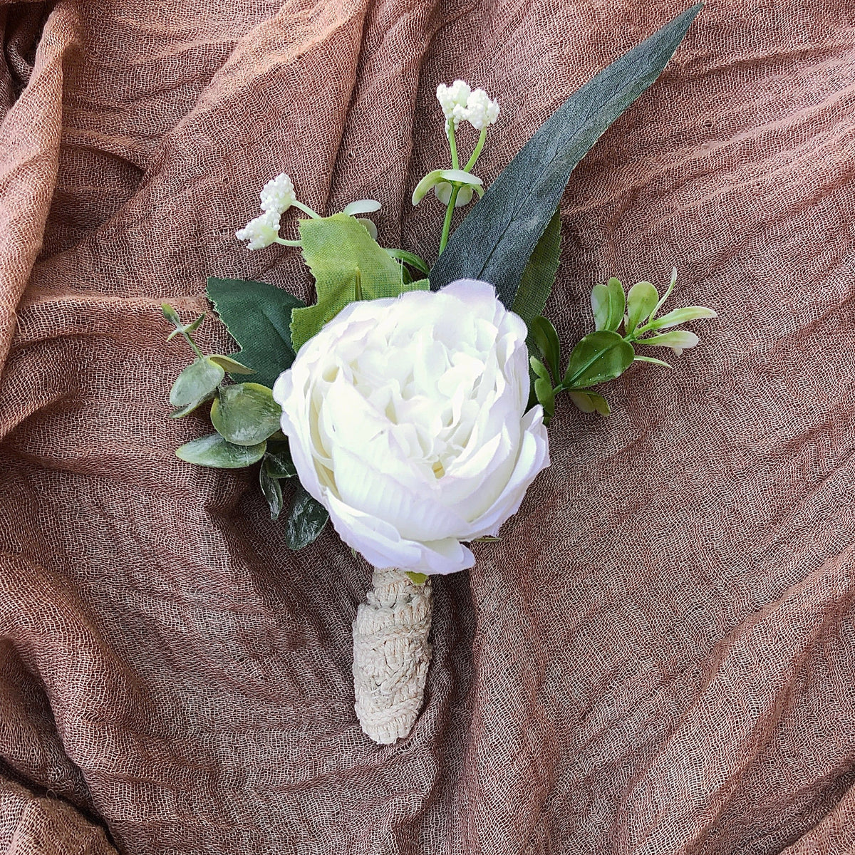 White peony boutonniere, White flowers with greenery boutonnieres, Cla ...