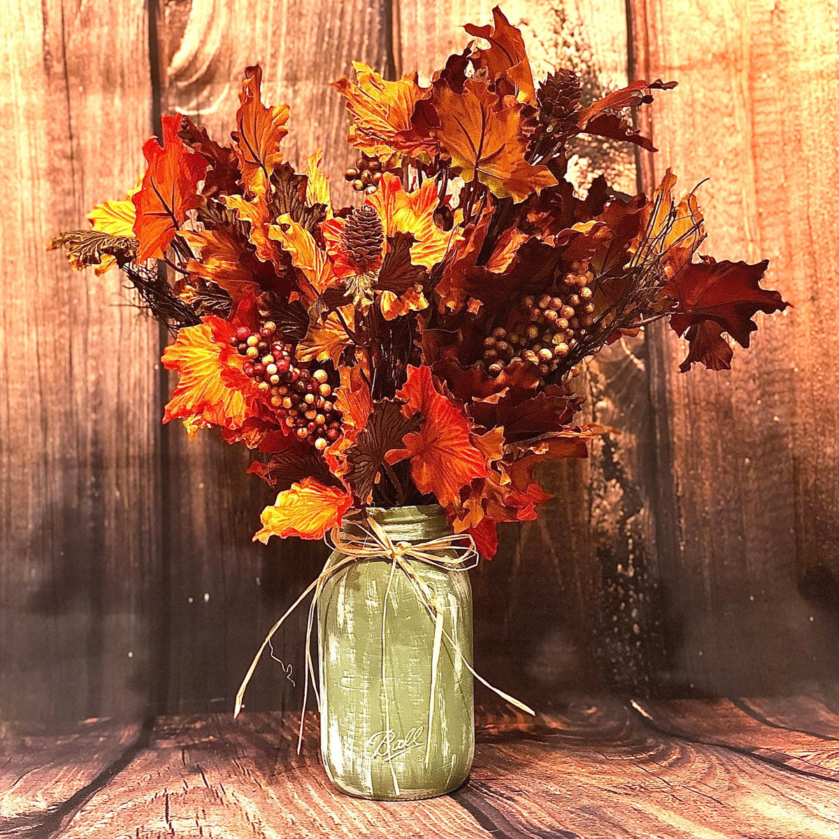Fall mason jar decor with artificial maple leaves bush | Fall vase fil ...